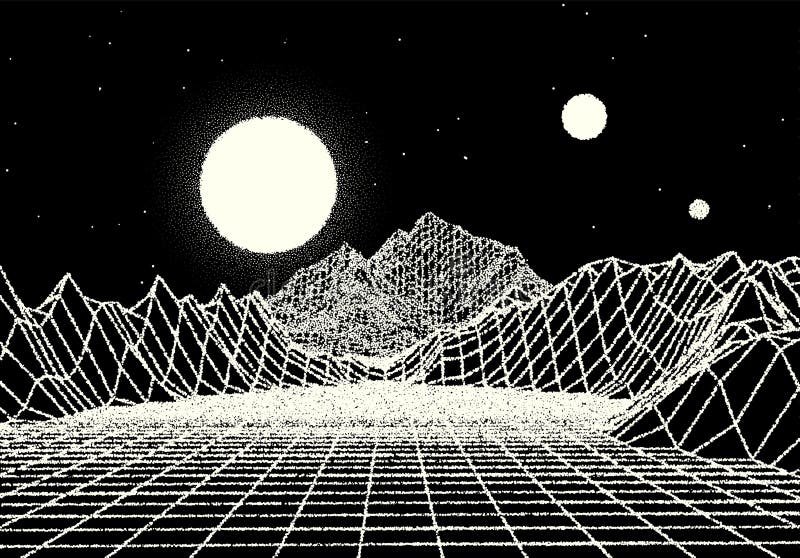 Retro Dotwork Landscape with 80s Styled Sun, Grid Mountains and Stars ...