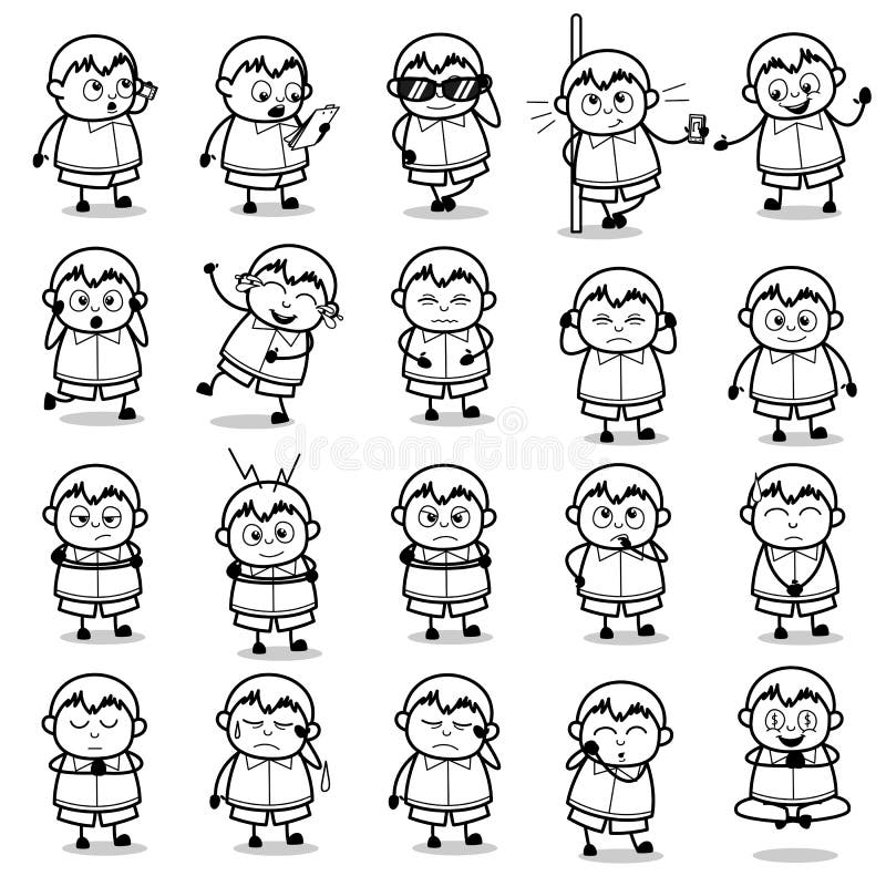 Retro Drawing of Fat Boy Poses - Set of Concepts Vector Illustrations ...