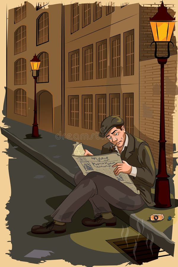 Retro Drunken Man Reading Newspaper on Street Stock Illustration ...