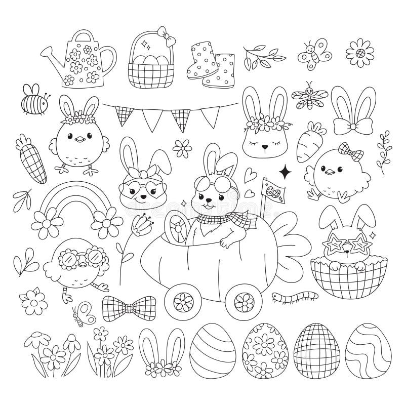 Retro Eater Bunny Vector, Easter Eggs, Spring Elements Coloring Page ...