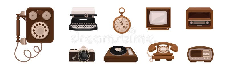 Retro Electronic Device with Telephone, Camera, Clock, Television and ...