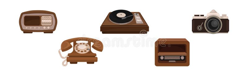 Retro Electronic Device with Telephone, Camera and Radio Vector Set ...