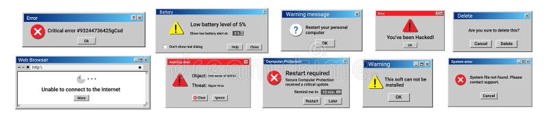Retro Error Message. Damaged Computer Problem Warnings Stock Vector ...