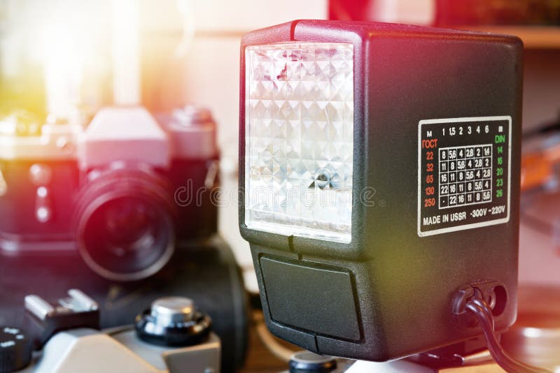 Retro external photo flash stock photo. Image of camera - 124523076