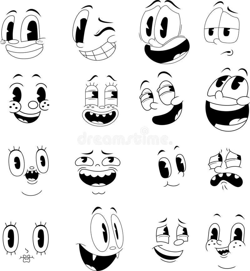 Outlined Retro Cartoon Funny Faces 30s, 50s, 60s Vintage Old Animation ...
