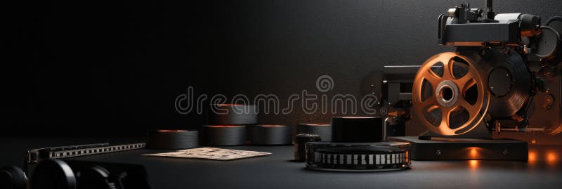 Retro Film Projector with Reels and Clapperboard Set Against a Dark ...