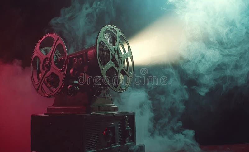 A Retro Film Projector in Use, Highlighted by Dramatic Lighting. Stock ...
