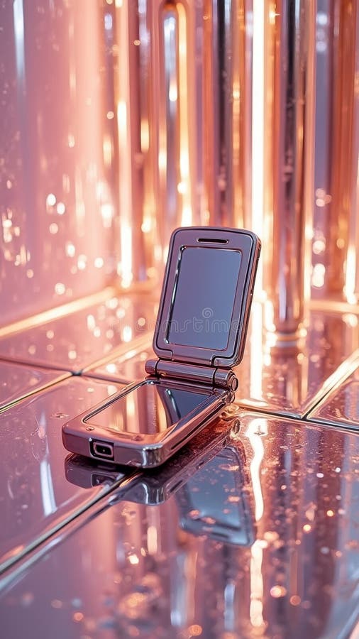 Retro Flip Phone on Reflective Surface with Neon Lights, Futuristic ...