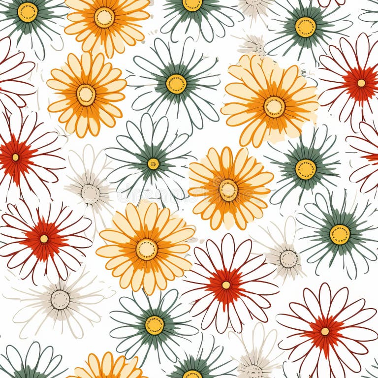 Retro Floral Pattern with Digitally Enhanced Daisy Designs Stock ...