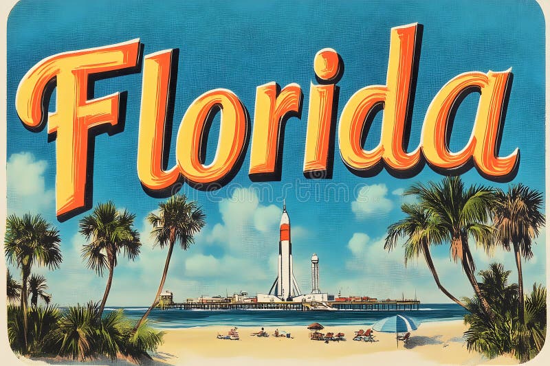 Retro Florida Beach Scene with Rocket Launch and Palm Trees Stock Image ...