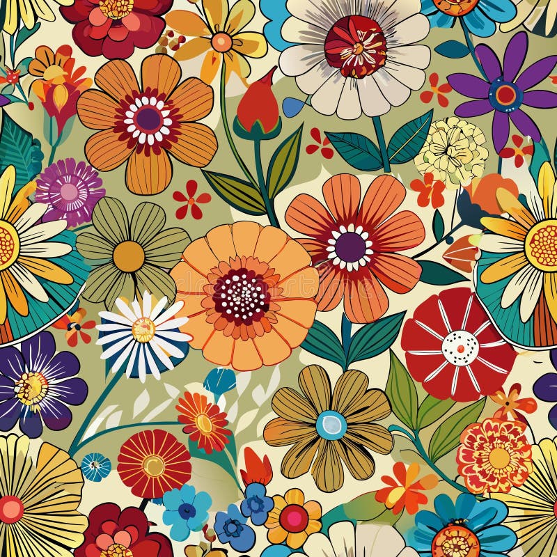 Retro Flower Pattern Illustrations in Watercolor Stock Illustration ...