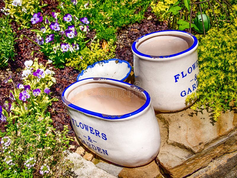 Retro Flower Pots in Blue and White Stock Image - Image of potting ...