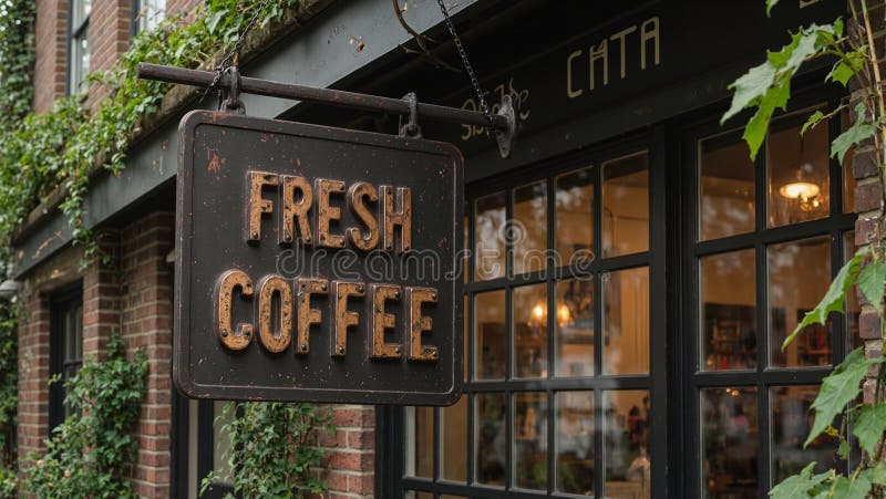Retro Fresh Coffee Sign on Brick Caf with Vines Warm Glow Inside Stock ...