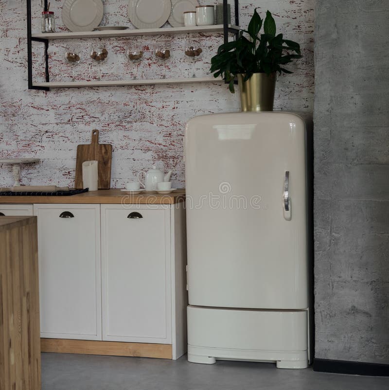 Retro Fridge in Wooden Loft Style Kitchen Stock Image - Image of ...