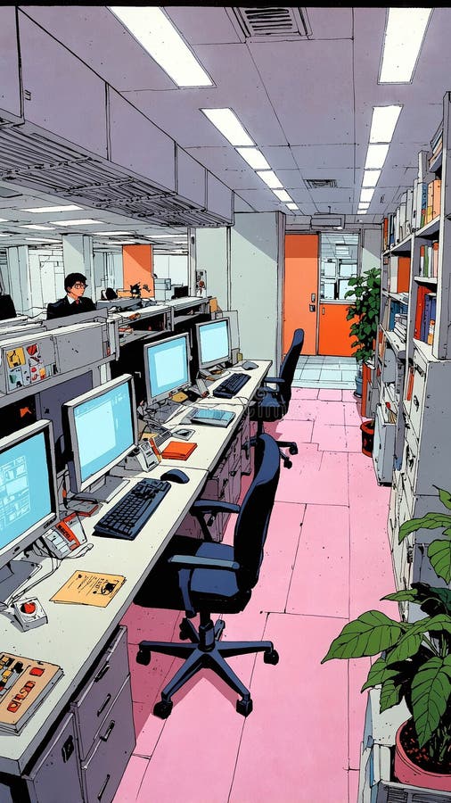 Retro-futuristic Anime Office with Transparent Walls and Advanced ...