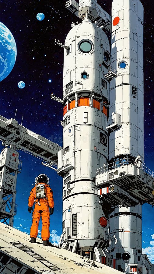 Retro-futuristic Anime Space Station with Astronauts and Advanced ...