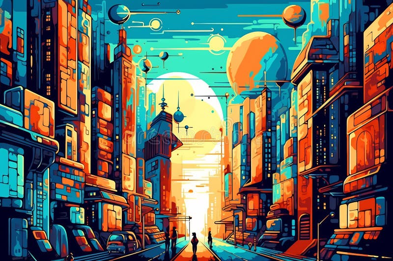 Retro Futuristic City Background. 80s Sci-fi Synthwave Cityscape Stock ...