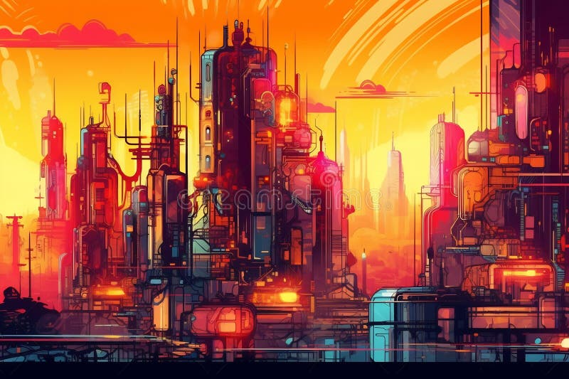 Retro Futuristic City Background. 80s Sci-fi Synthwave Cityscape Stock ...