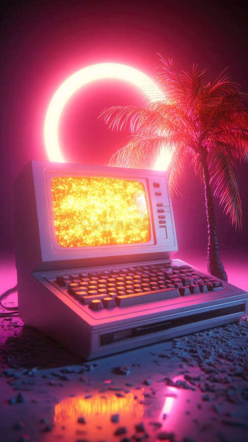 Retro Futuristic Computer with Neon Glow and Palm Tree in Vaporwave ...
