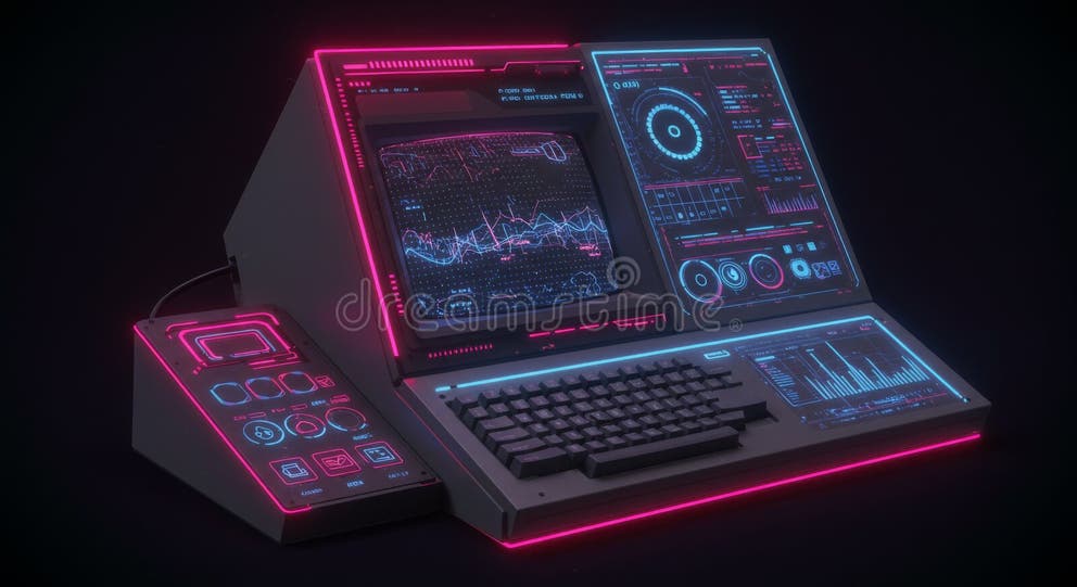 Retro Futuristic Computer with Neon Lights Stock Illustration ...