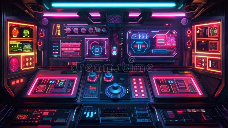 Retrofuturistic Control Panel Interface Highlighted with Dynamic Neon ...