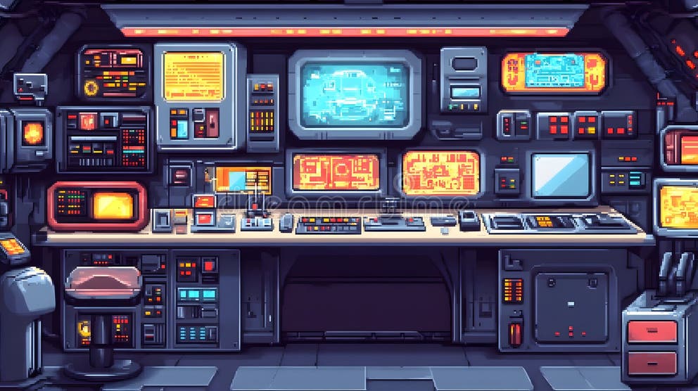 Retro Futuristic Control Panel Room with Multiple Screens Digital ...