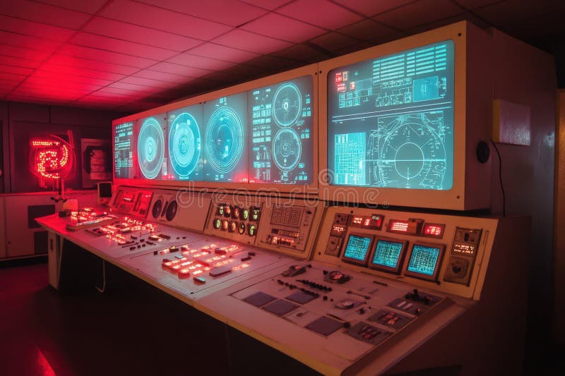 Retro Futuristic Control Room Monitoring System Stock Photo - Image of ...