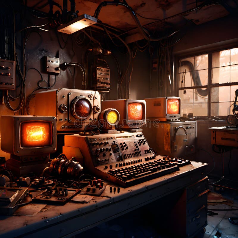 Retro-Futuristic Control Room with Vintage Monitors and Control Panels ...