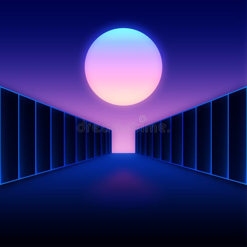 Retro Futuristic Digital Landscape with Moon and Dark Corridor Stock ...