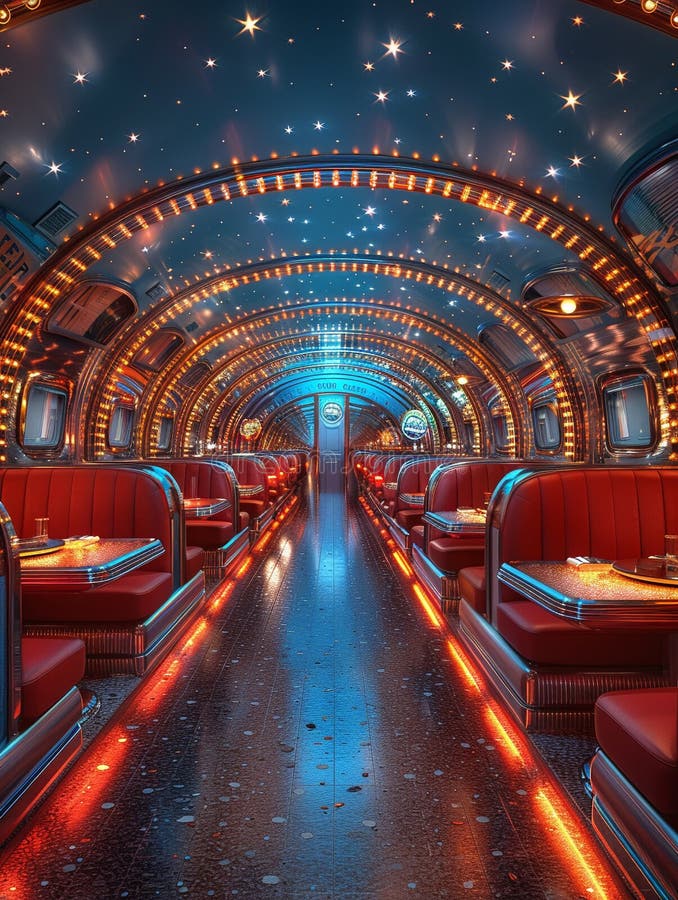 Retro-futuristic Diner with Chrome Accents and Neon Lighting. Stock ...