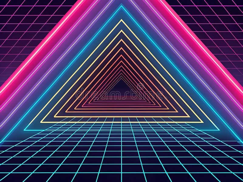 Retro Futuristic Geometric Pattern with Neon Triangles and Grid Design ...