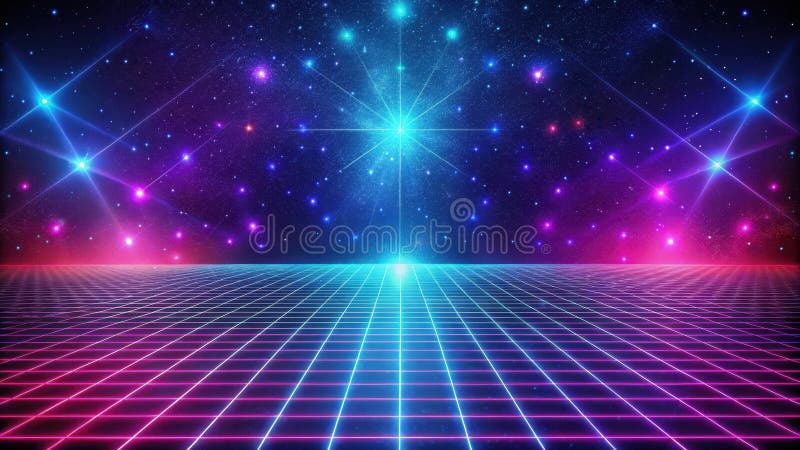 Retro Futuristic Grid Landscape with Neon Lights and Starry Sky ...