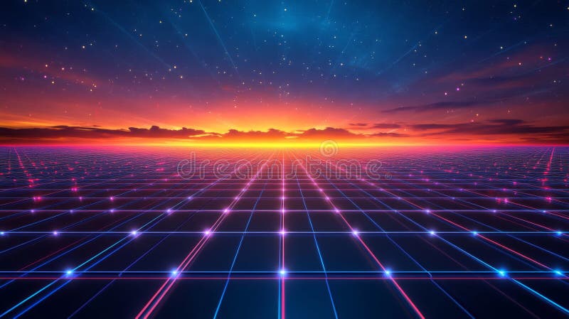 Retro Futuristic Grid Landscape Sunset Starscape Stock Illustration ...