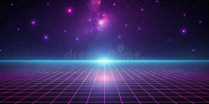 Retro Futuristic Grid Landscape Under a Starry Sky with a Nebula ...