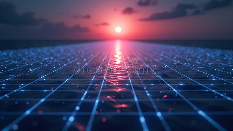 Retro Grid Sunset Over the Water Surface Stock Illustration ...