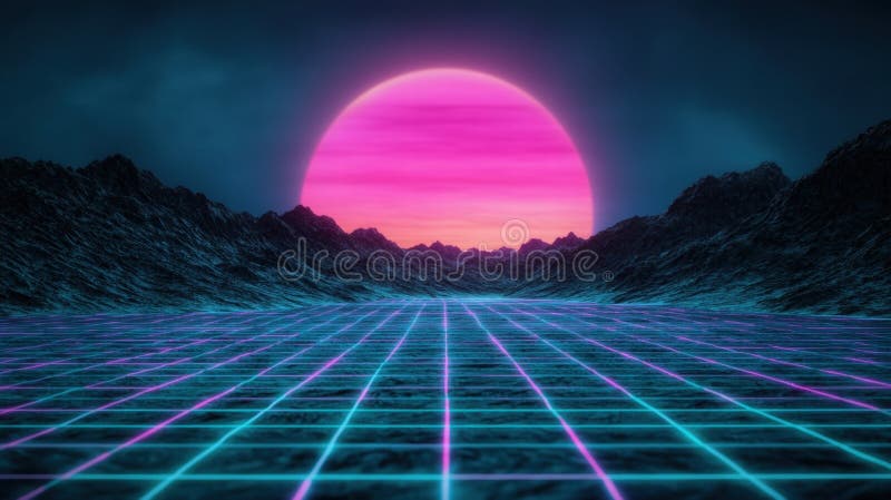 Retro Futuristic Landscape with Glowing Grid and Sun Stock Illustration ...