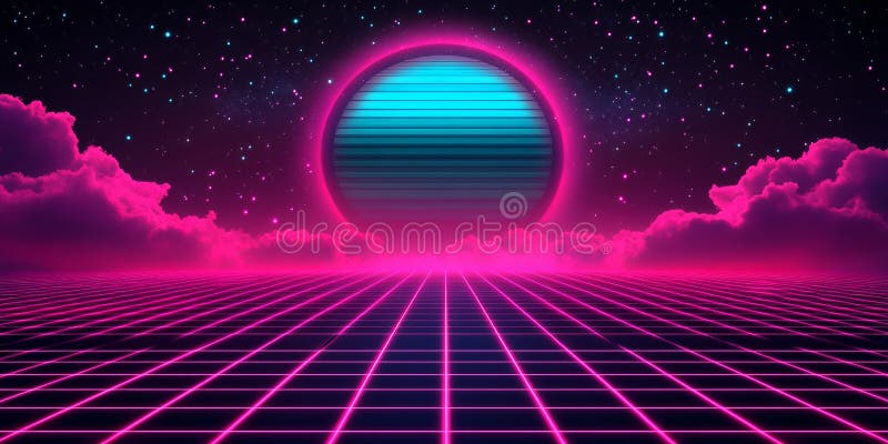 A Retrofuturistic Landscape with a Glowing Sun and Grid Stock ...