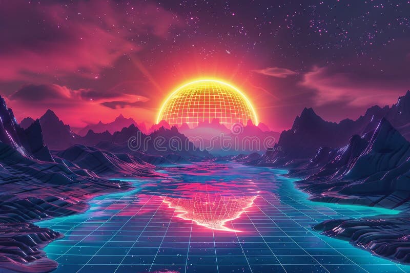 Retro-Futuristic Landscape with Grid Patterns and Neon Sunset ...
