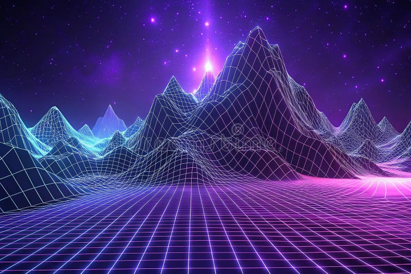 Retro Futuristic Mountains, Grid Landscape, Starry Night Sky Stock ...
