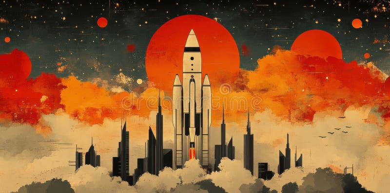 Retro Futuristic Rocket Launch Over City Skyline with Red Sun and ...