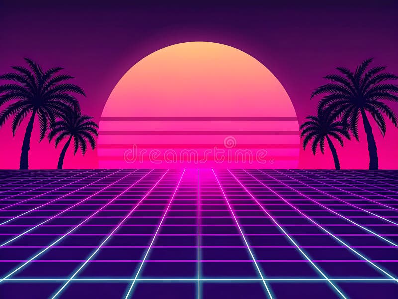 Retro Futuristic 80s Style Background with Neon Grid and Palm Trees for ...