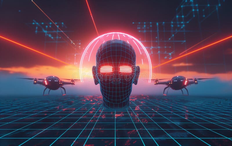 A Retro-futuristic Scene with Neon Lines and Grid Patterns, Featuring ...