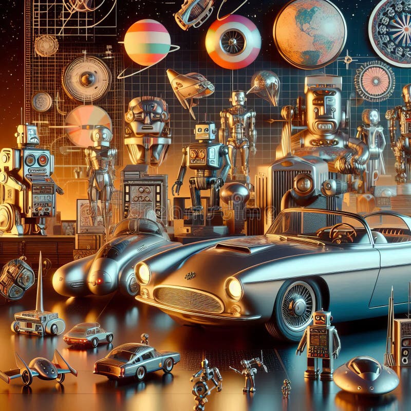 Retro-futuristic Scene with Robots and Classic Cars in Space Setting ...