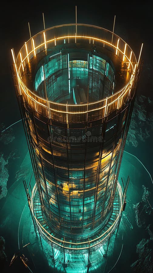 A Retro-futuristic Skyscraper with Glowing Observation Decks. Stock ...