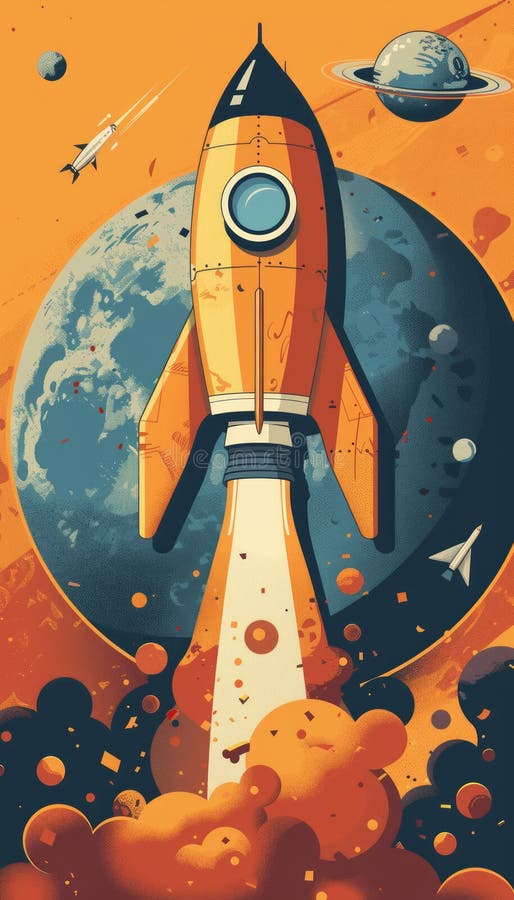 Retro Futuristic Space Exploration Rocket Launch in Outer Space with ...