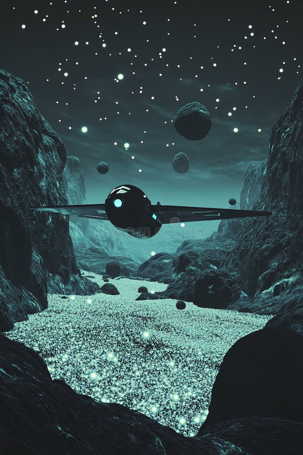 A Retro-futuristic Spacecraft Flying Past Glowing Asteroid Fields. Stock Illustration ...