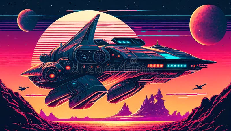 Retro-Futuristic Spacecraft: a Neon Synthwave Spacecraft Illustration ...