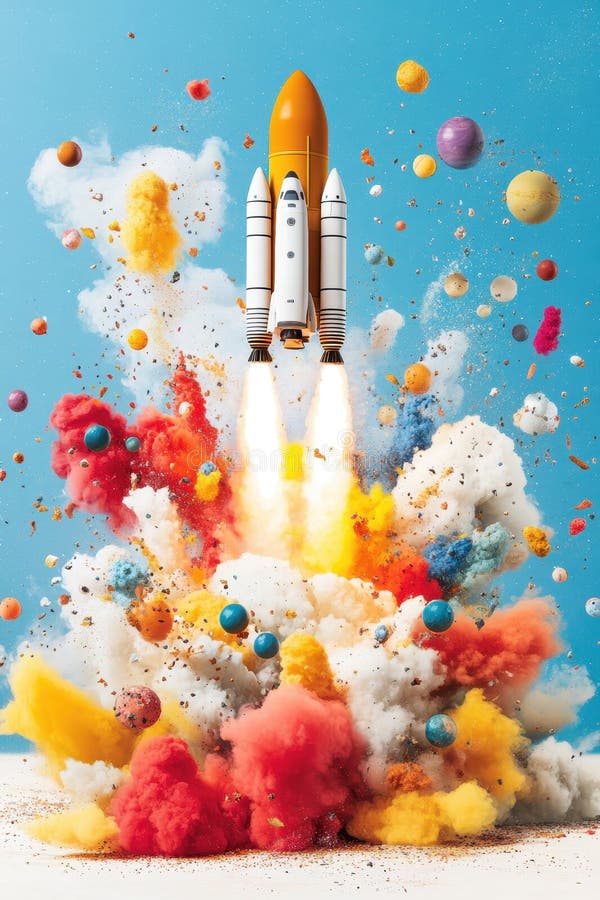 Retro Futuristic Spaceship Launching into Outer Space Stock ...