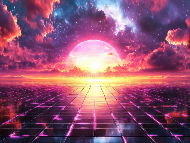 Retro Futuristic Sunset with Glowing Grid Floor Stock Illustration ...