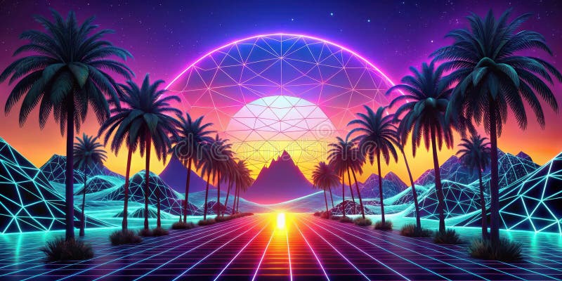 Retro Futuristic Sunset Highway with Palm Trees and Neon Grid ...
